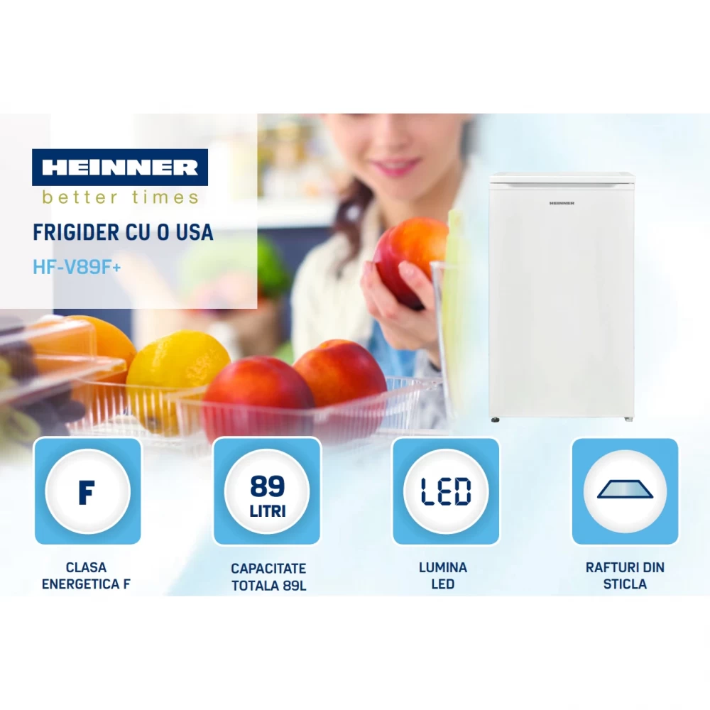 Frigider cu o usa Heinner HF-V89F+, 89 l, Clasa F, Lumina LED, Usa ...